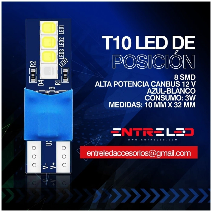 Led T10 8 smd Azul-Blanco | Entre Led - Buenos Aires